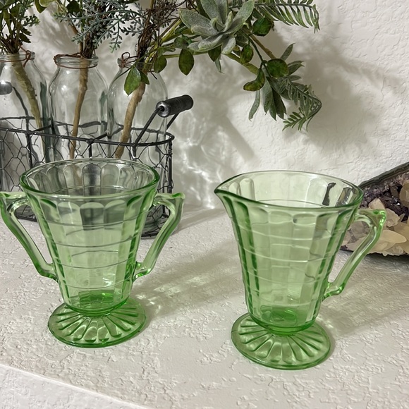 Anchor Hocking | Other | 93s Green Depression Cream Sugar Block Optic ...